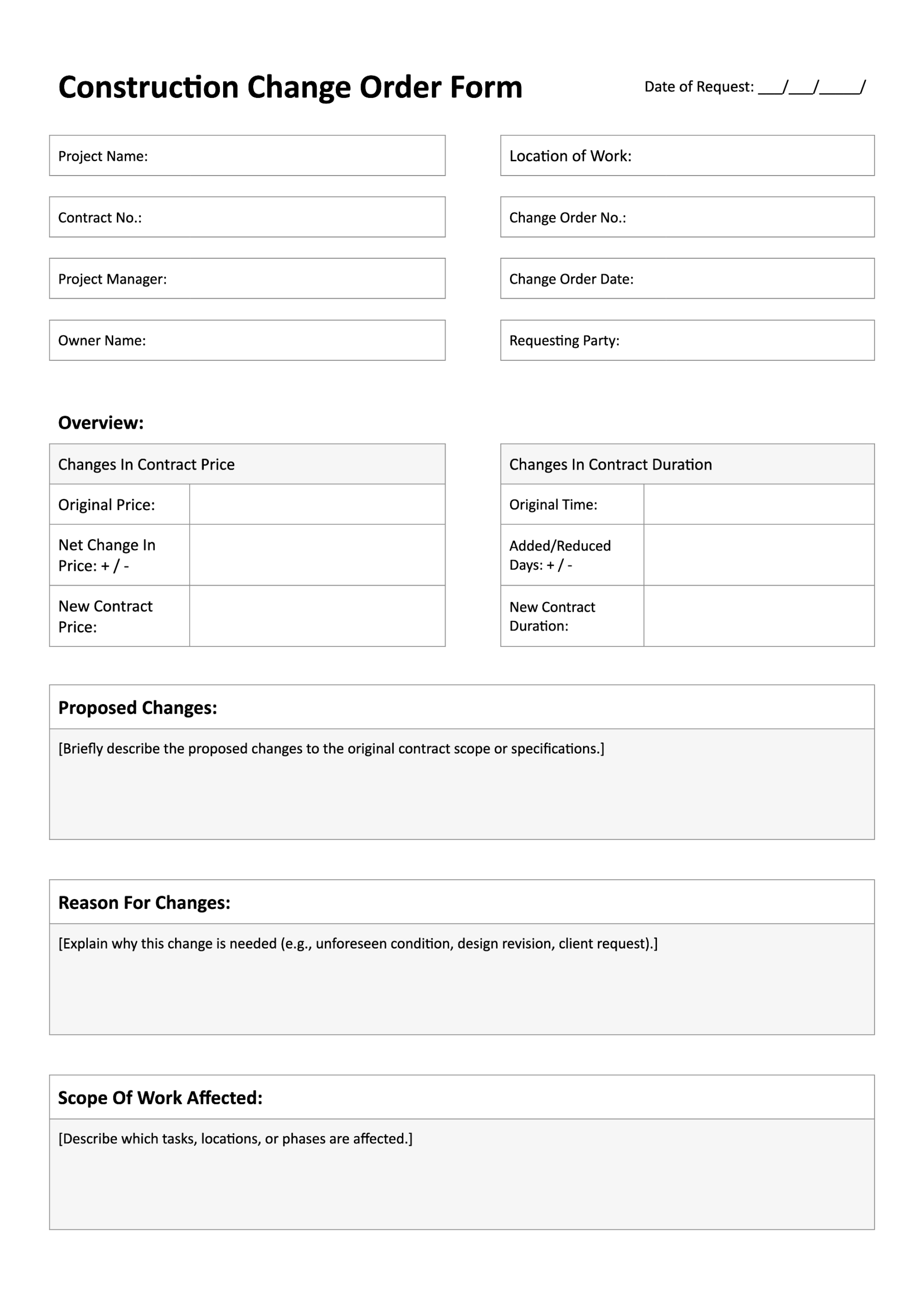 Construction Change Order Form (Word, PDF, Google Docs)