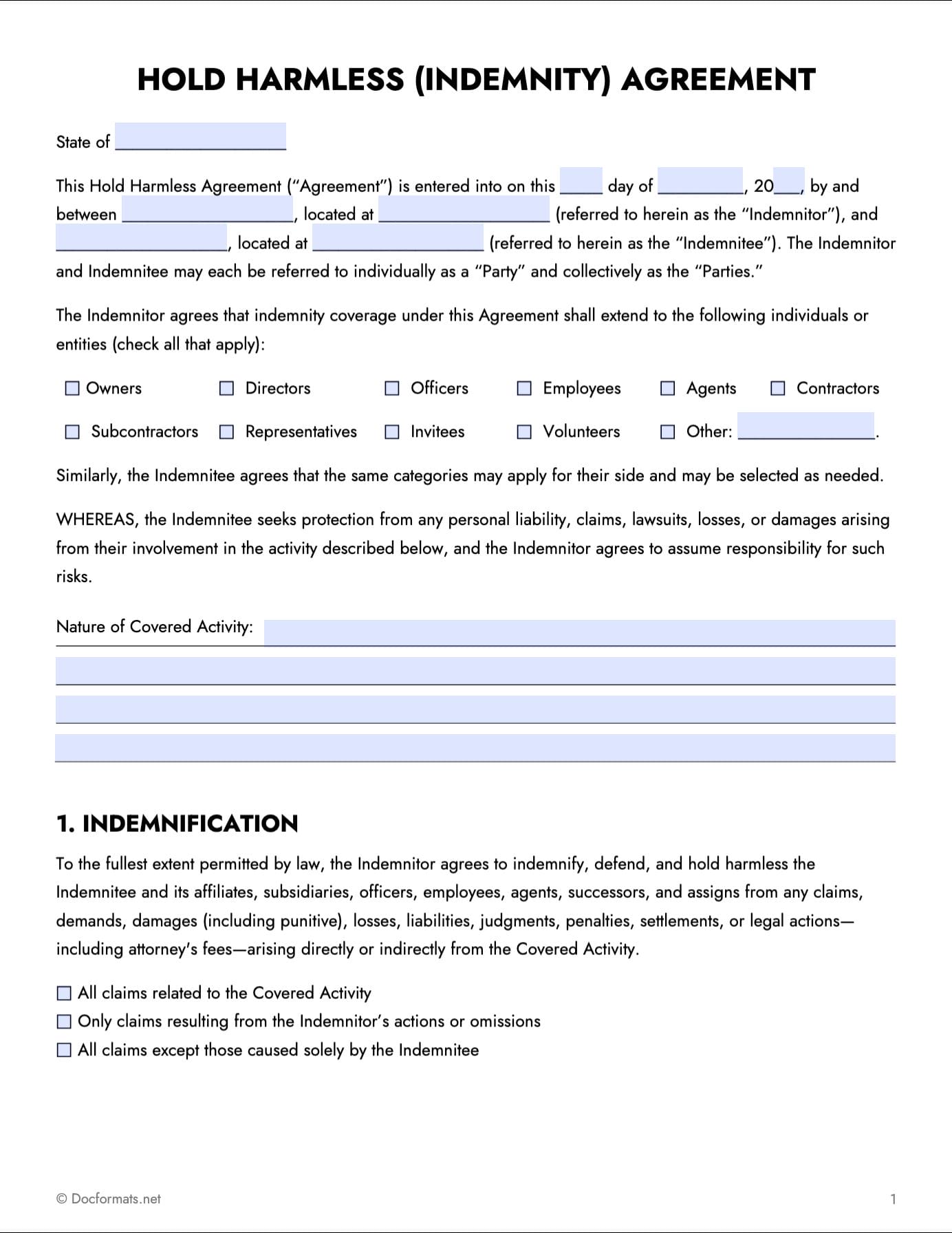 Free Hold Harmless Agreement (Word, PDF, Google Docs)