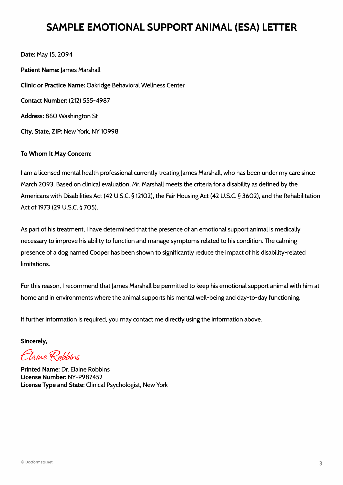 Emotional Support Animal (ESA) Letter - Word | Google Docs | PDF